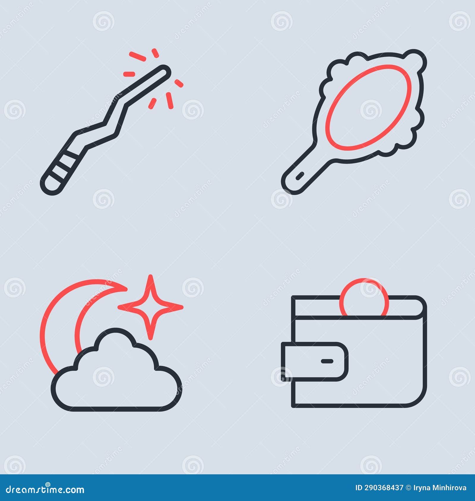Set Line Magic Hand Mirror, Moon Stars, Wallet and Wand Icon. Vector ...