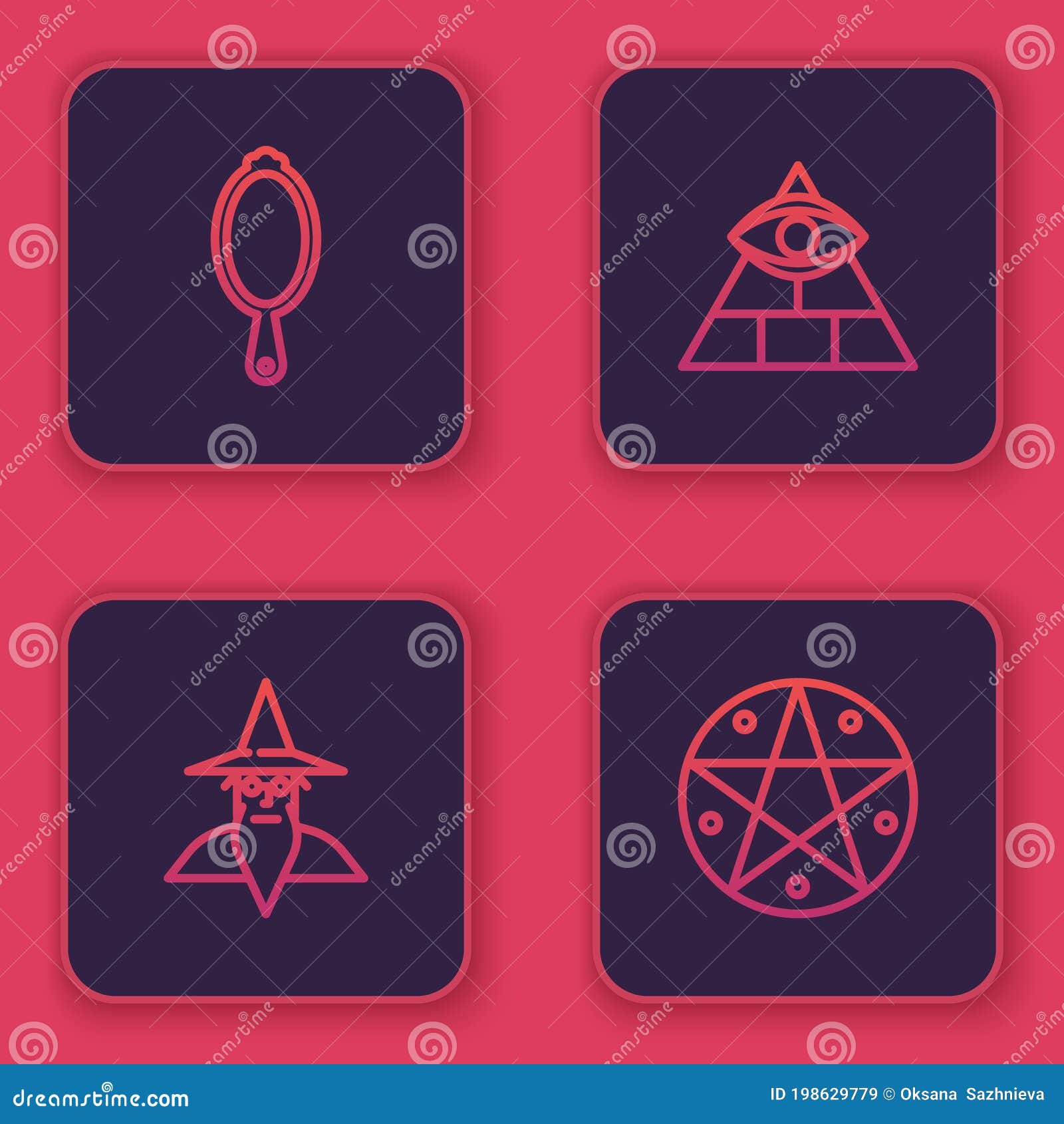 Set Line Magic Hand Mirror, Wizard Warlock, Masons and Pentagram in ...