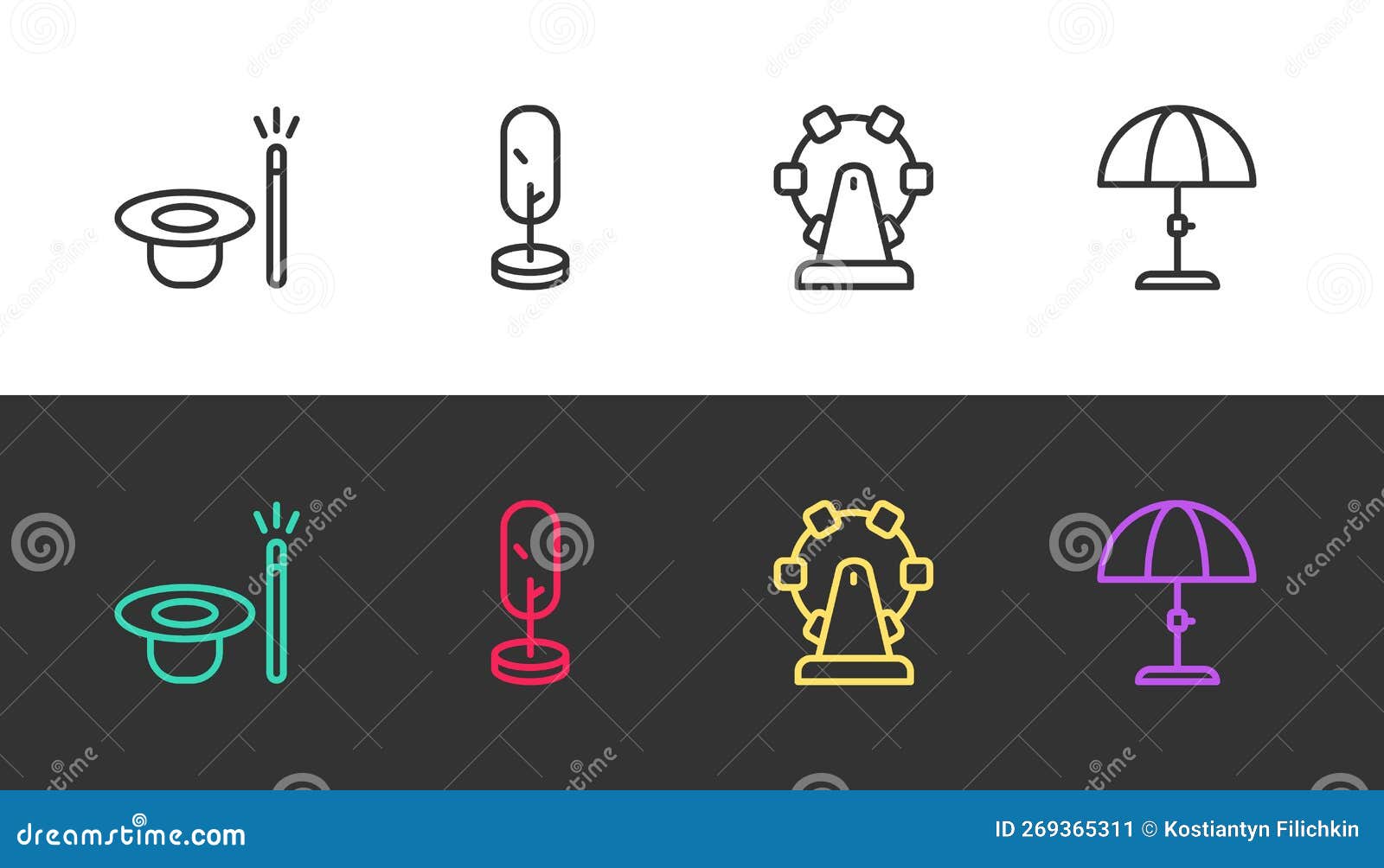 Set Line Magic Hat and Wand, Tree, Ferris Wheel and Sun Protective ...