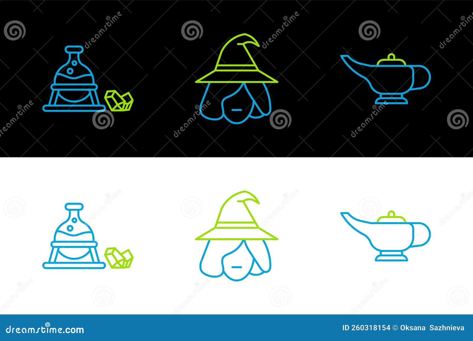 Set Line Magic Lamp or Aladdin, Witch Cauldron and Magic Stone and Icon ...