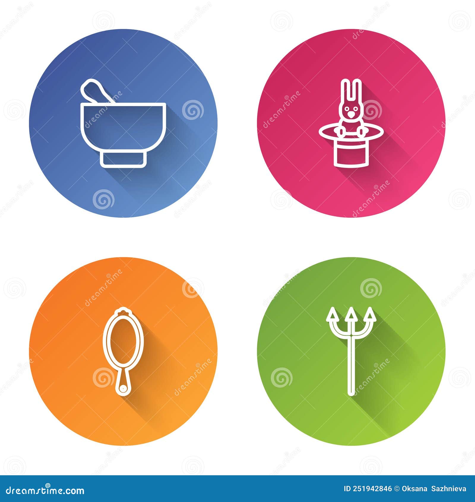 Set Line Magic Mortar and Pestle, Magician Hat Rabbit, Hand Mirror and ...