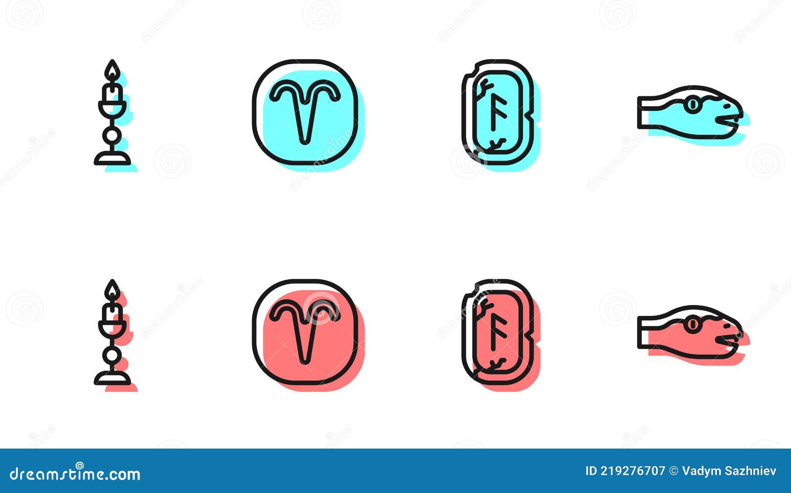 Set Line Magic Runes, Burning Candle, Aries Zodiac and Snake Icon ...