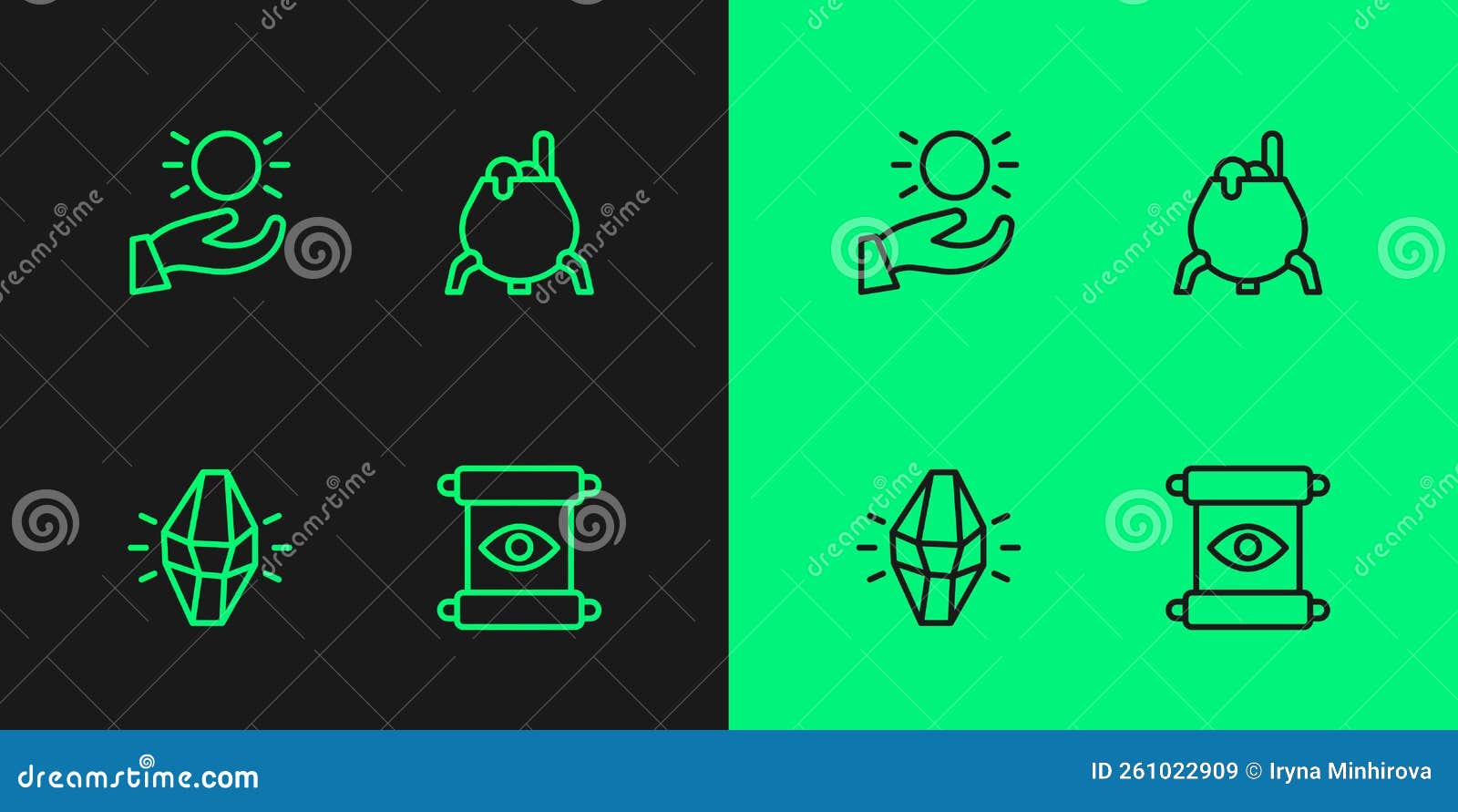 Set Line Magic Scroll, Stone, Ball Levitating Above Hand and Witch ...