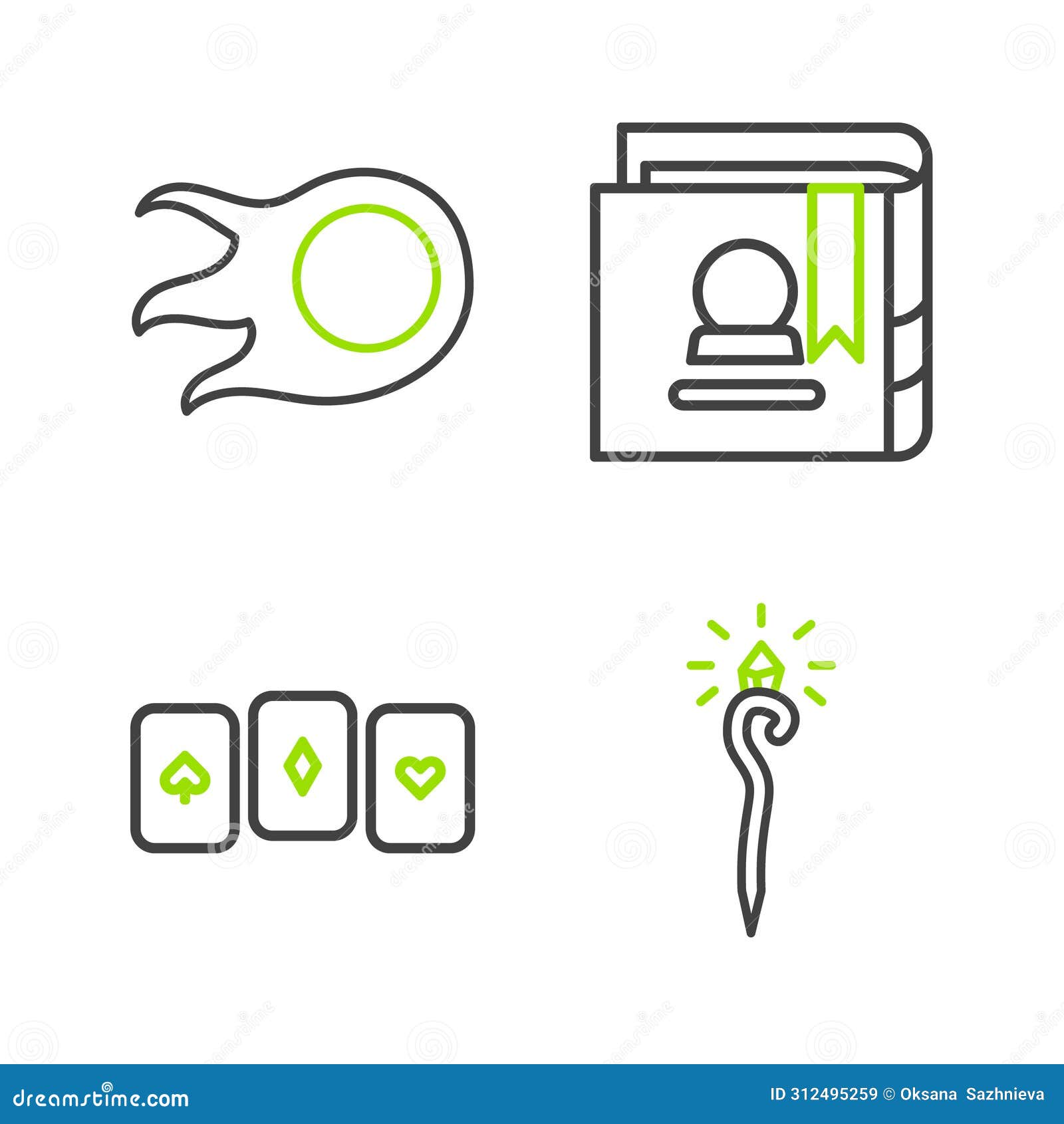 Set Line Magic Staff, Playing Cards, Ancient Magic Book and Fireball ...