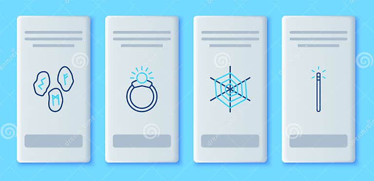 Set Line Magic Stone Ring with Gem, Spider Web, Runes and Wand Icon ...