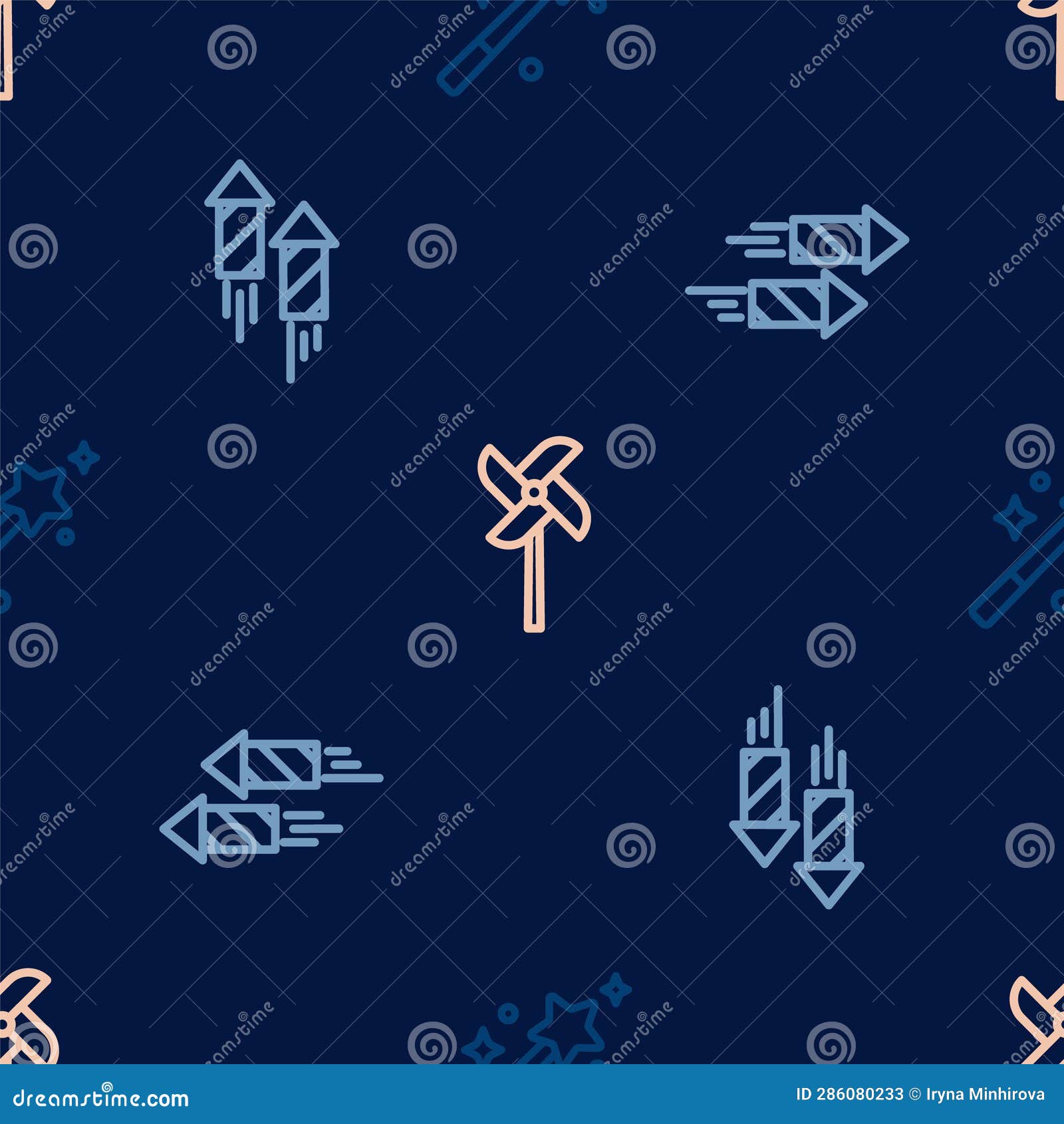 Set Line Magic Wand, Firework Rocket and Pinwheel Toy on Seamless ...