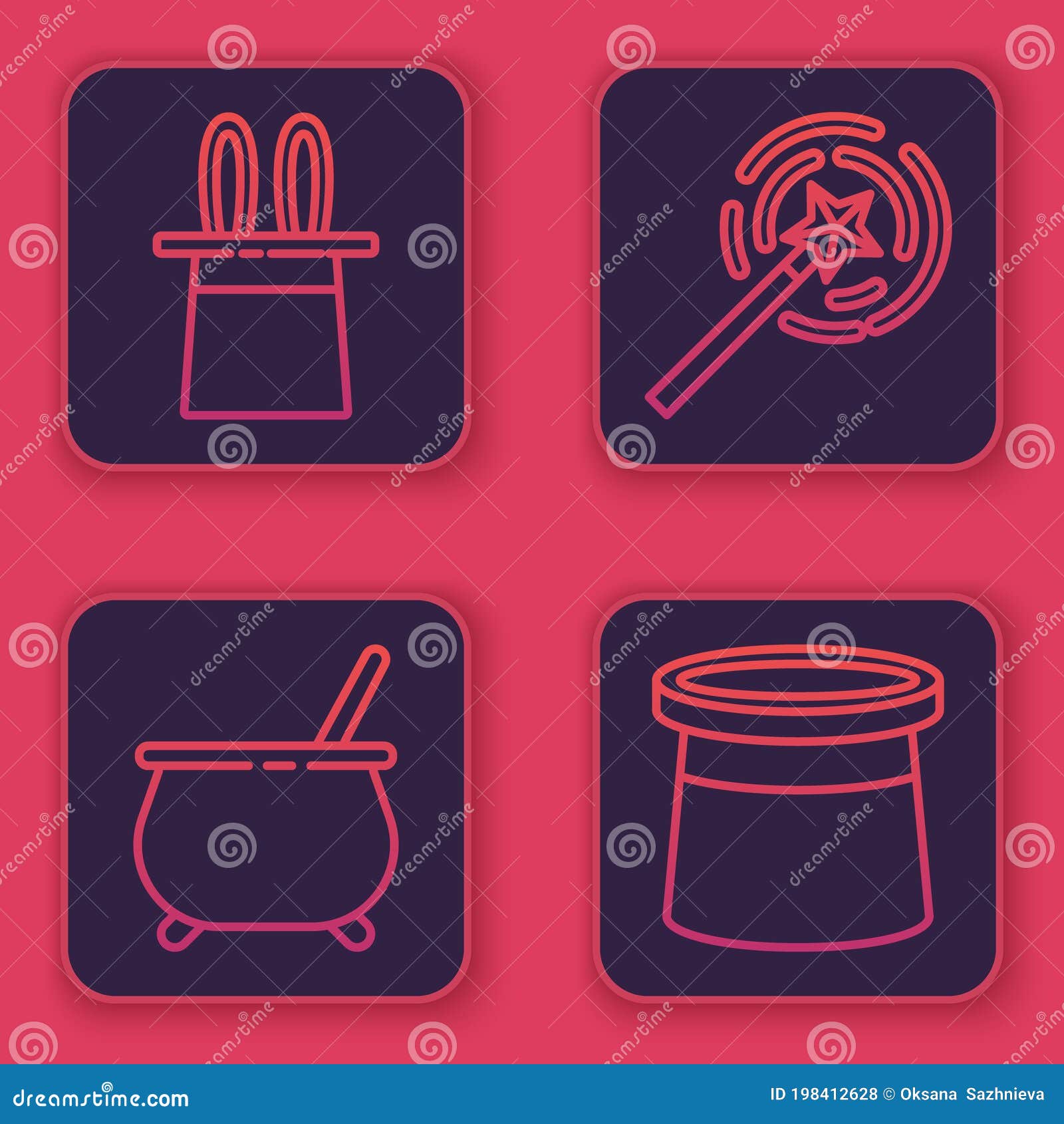 Set Line Magician Hat and Rabbit Ears, Witch Cauldron, Magic Wand and ...