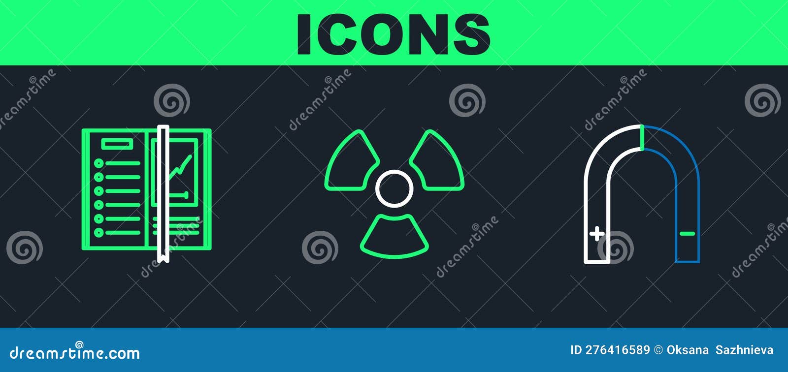 Set Line Magnet, Notebook and Radioactive Icon. Vector Stock Vector ...