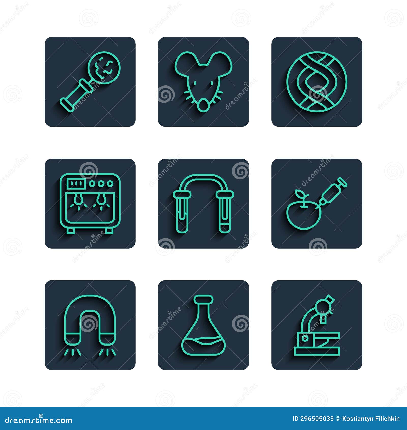 Set Line Magnet, Test Tube and Flask, Microscope, DNA Symbol, Biosafety ...
