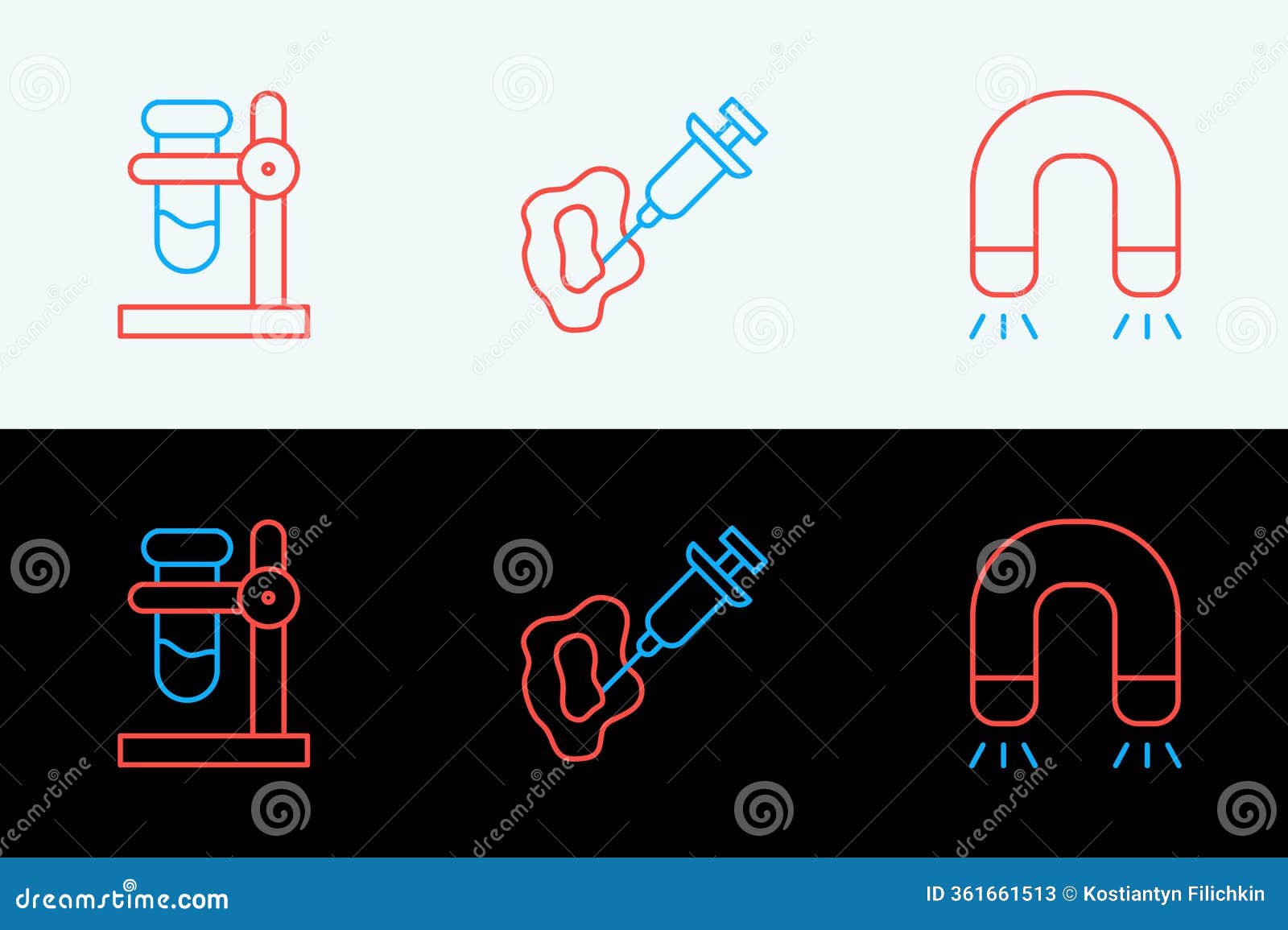 Set Magnet, Test Tube And Flask Chemical And Water Drop Icon. Vector ...