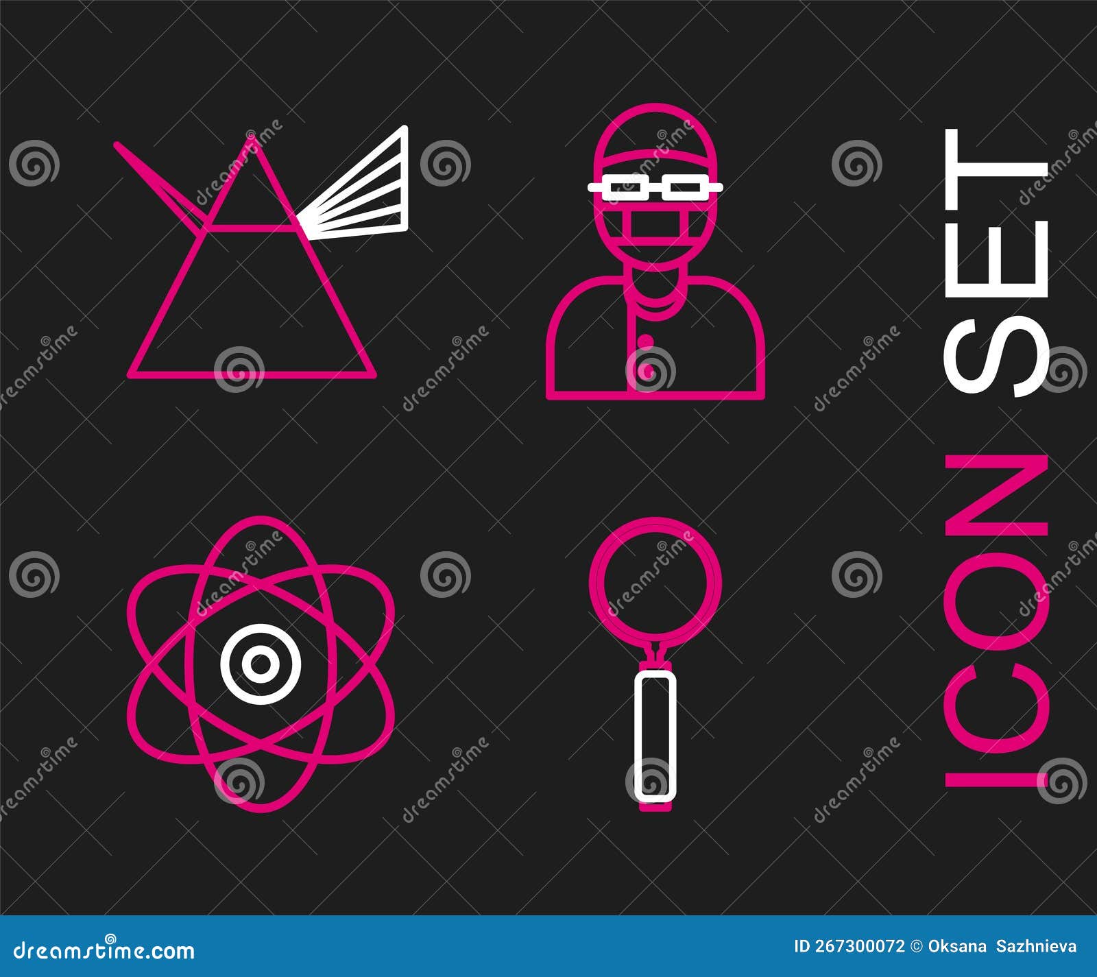 Set Line Magnifying Glass, Atom, Assistant and Light Rays Prism Icon ...