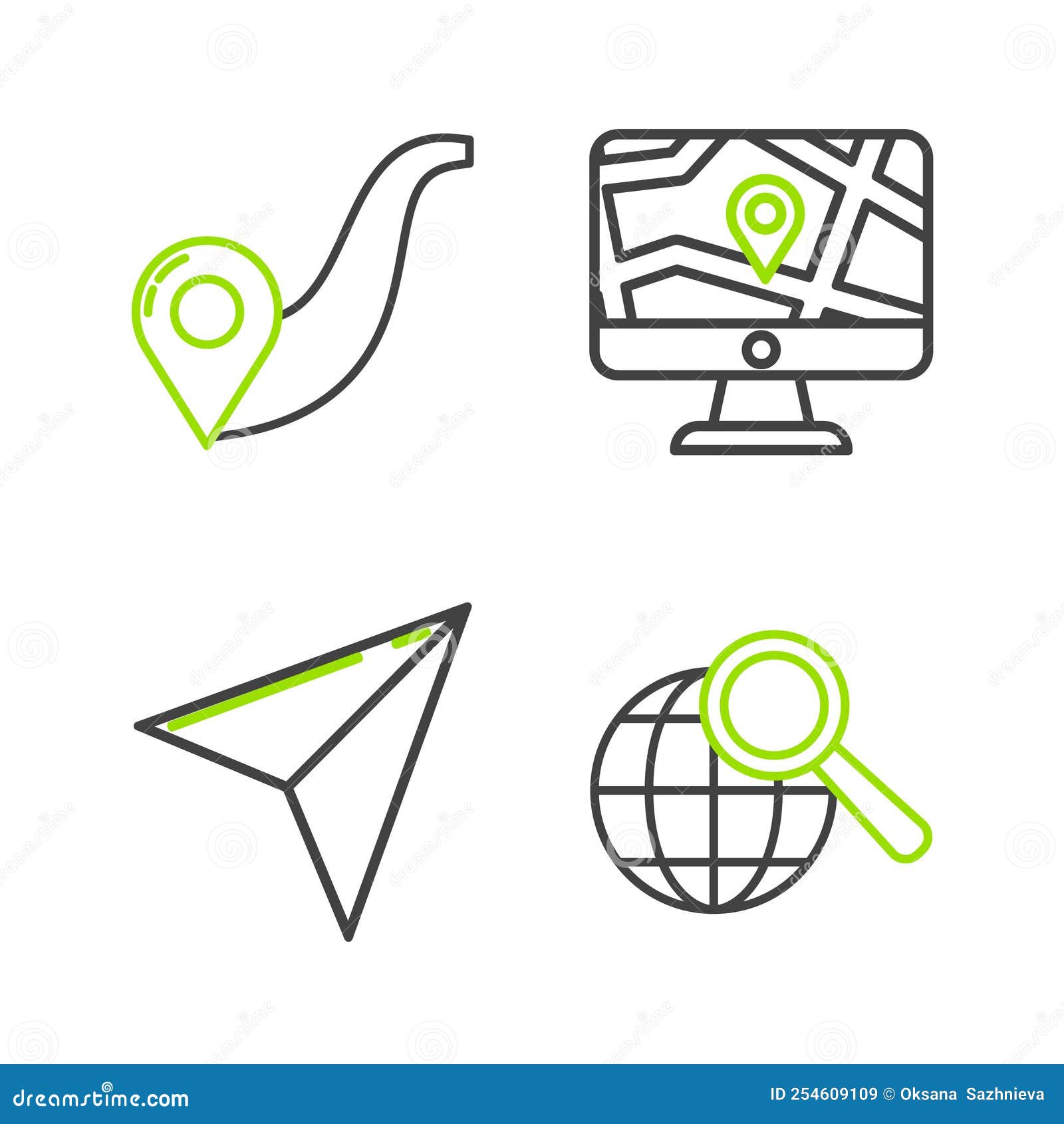 Set Line Magnifying Glass with Globe, Paper Airplane, Medical Map ... Set Line Magnifying Glass with Globe, Paper Airplane, Medical Map ...