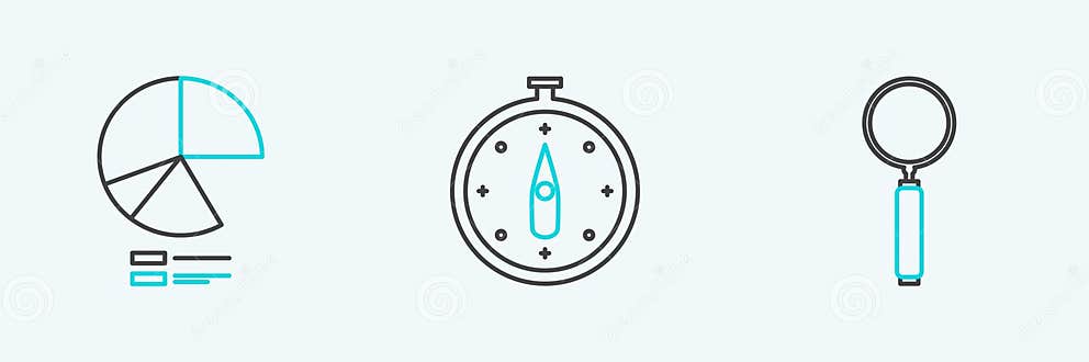 Set Line Magnifying Glass, Pie Chart Infographic and Compass Icon ...