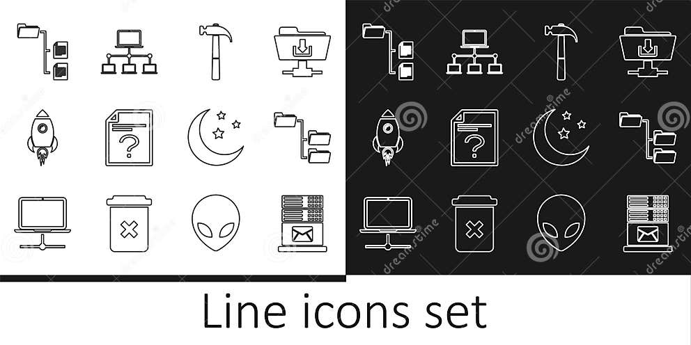 Set Line Mail Server, Folder Tree, Hammer, Unknown Document, Rocket Ship with Fire, Moon and ...