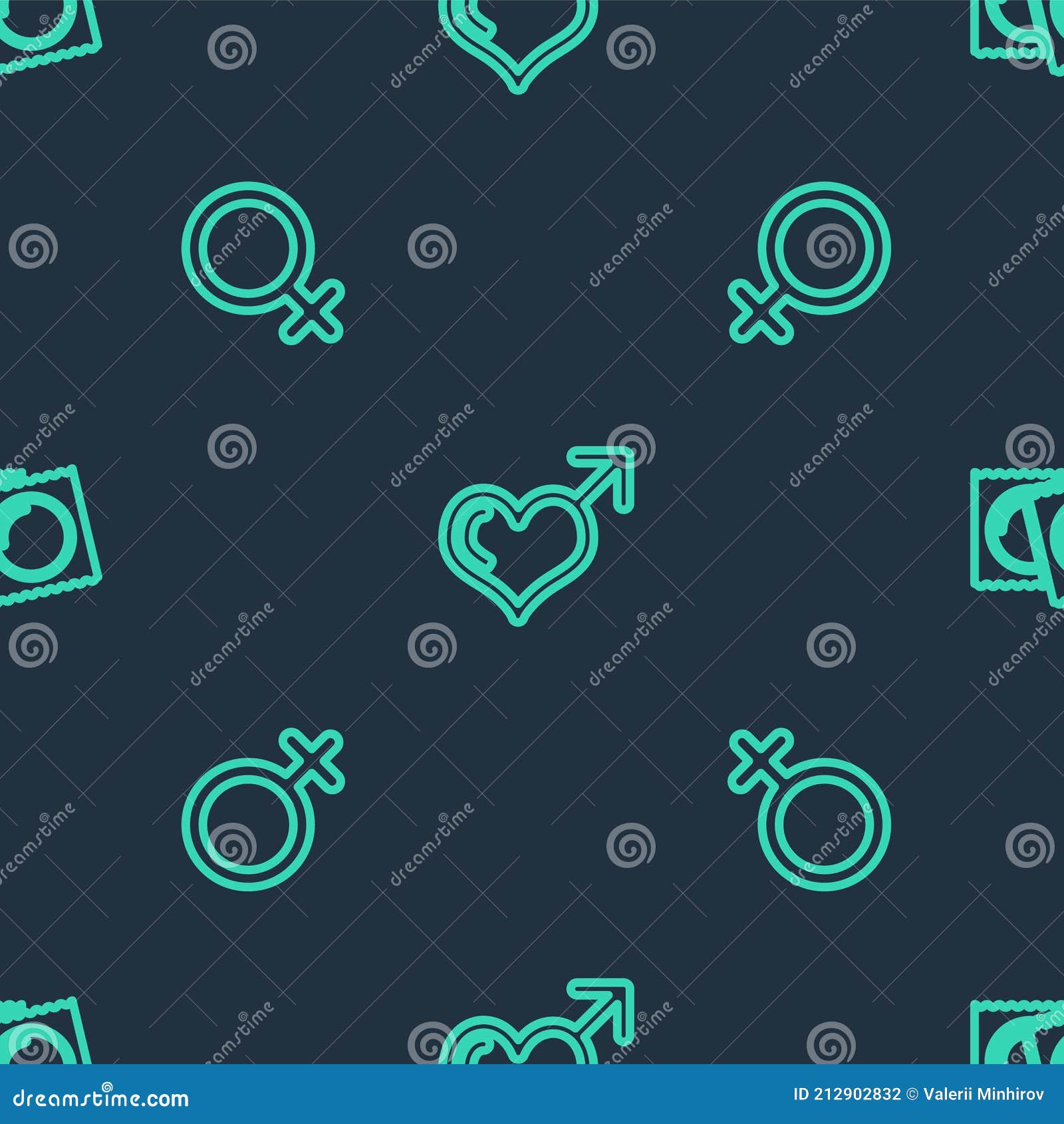 Set Line Male Gender And Heart Female Symbol And Condoms In Package On