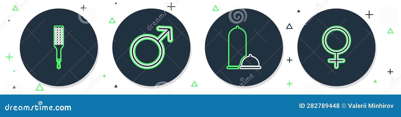Set Line Male Gender Symbol Condoms Safe Sex Spanking Paddle And