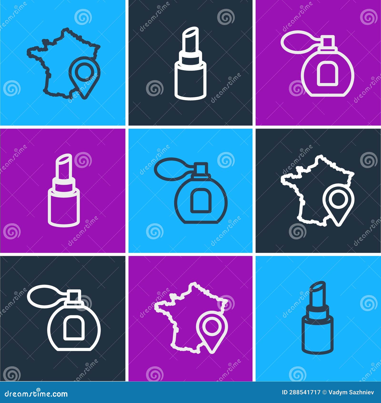 Set Line Map of France, Perfume and Lipstick Icon. Vector Stock Vector ...