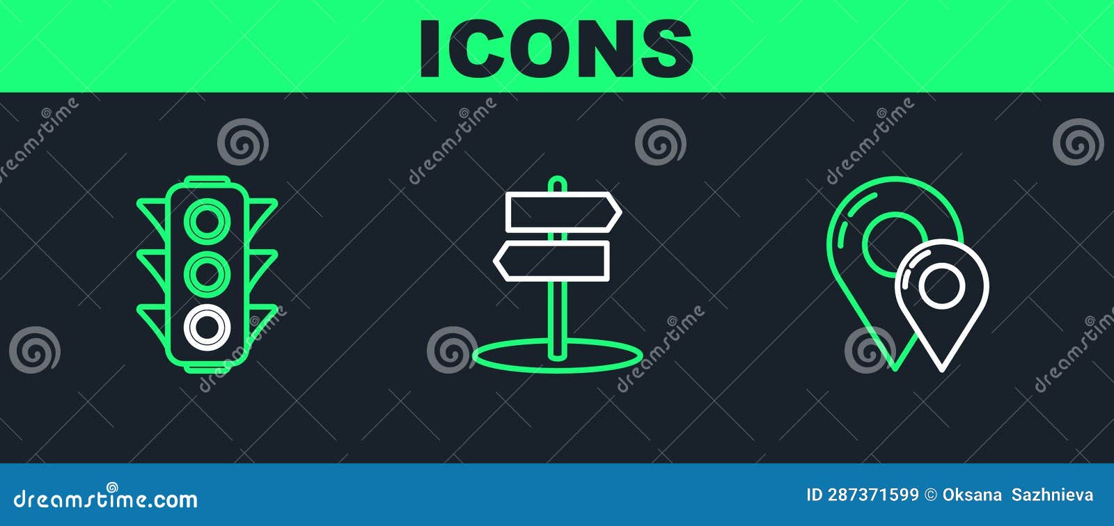 Set Line Map Pin, Traffic Light and Road Traffic Sign Icon. Vector ...