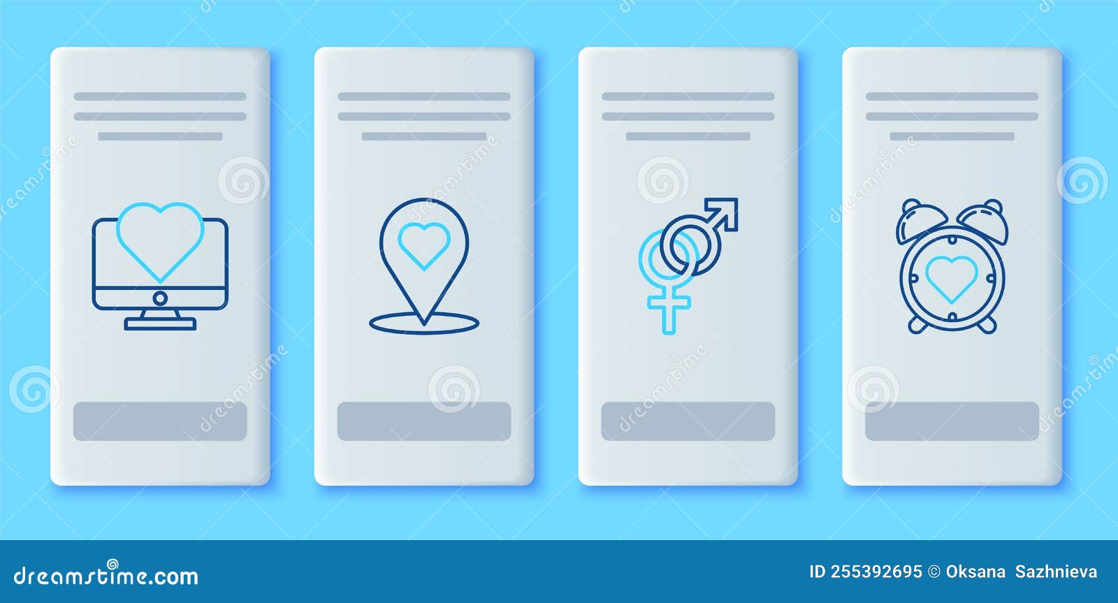 Set Line Map Pointer with Heart, Gender, Computer Monitor and Heart the Center Alarm Clock Icon ...
