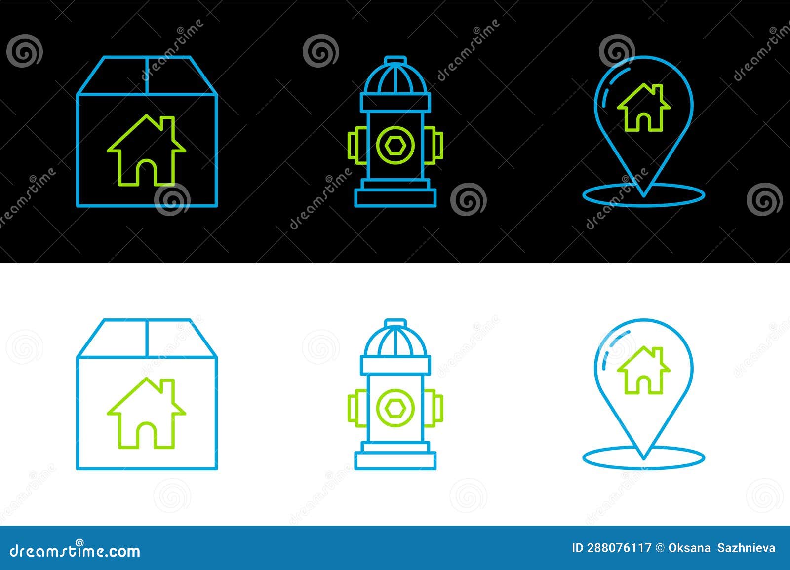 Set Line Map Pointer with House, Cardboard Box and Fire Hydrant Icon ...