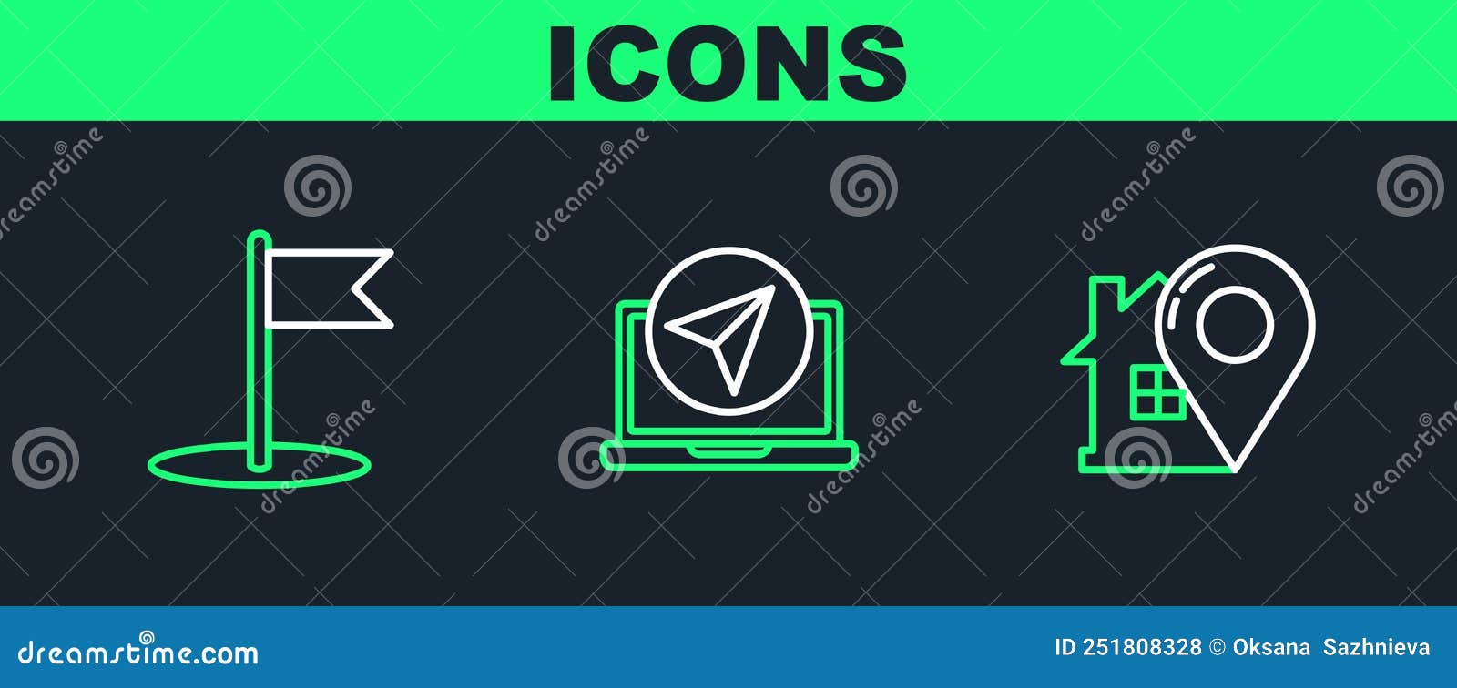 Set Line Map Pointer with House, Flag and Infographic of City Map Navigation Icon. Vector Stock ...