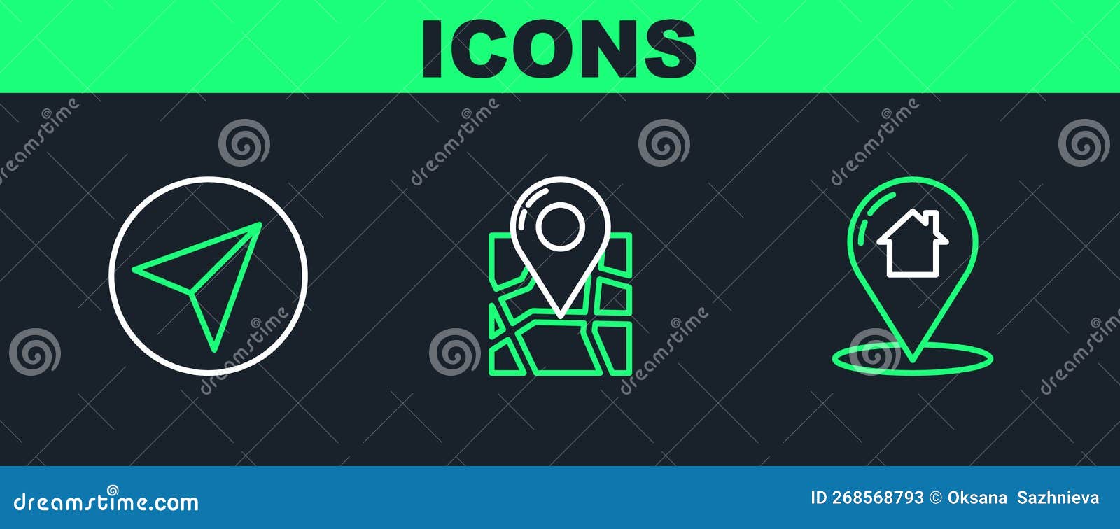 Set Line Map Pointer with House, Paper Airplane and Folded Map Location Marker Icon. Vector ...