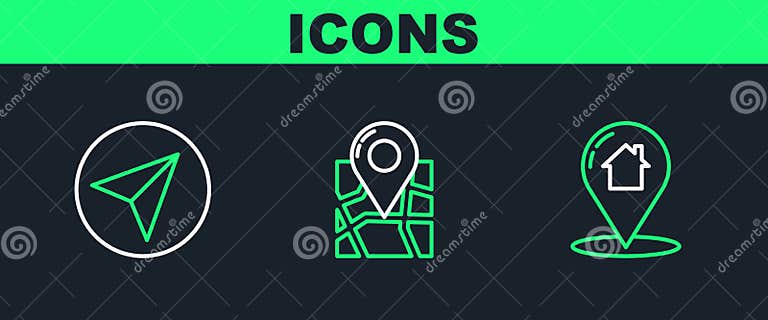 Set Line Map Pointer with House, Paper Airplane and Folded Map Location Marker Icon. Vector ...