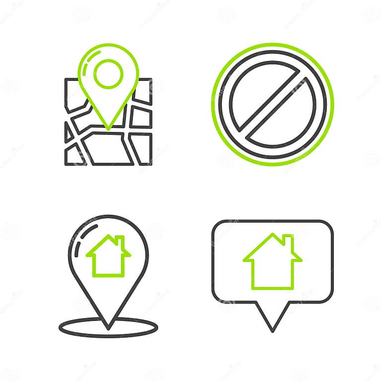 Set Line Map Pointer with House, Stop Sign and Folded Map Location Marker Icon. Vector Stock ...