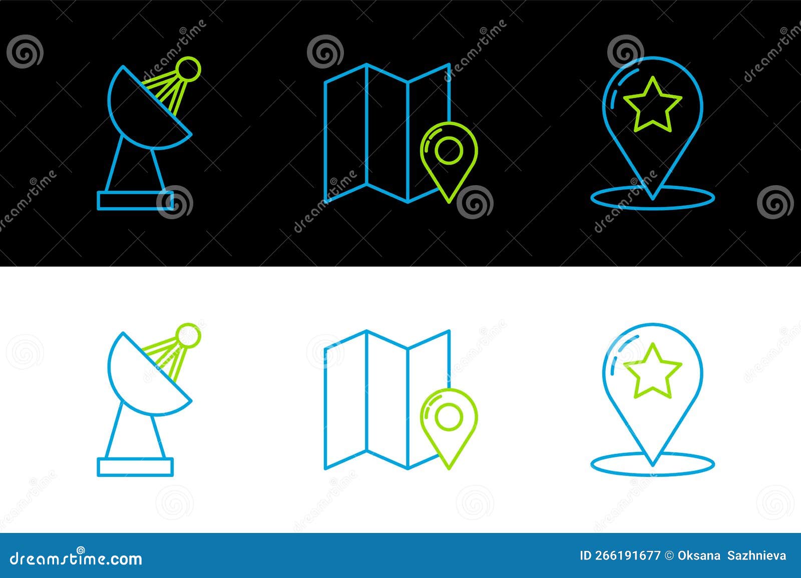 Set Line Map Pointer with Star, Radar and Folded Map Location Marker Icon. Vector Stock Vector ...