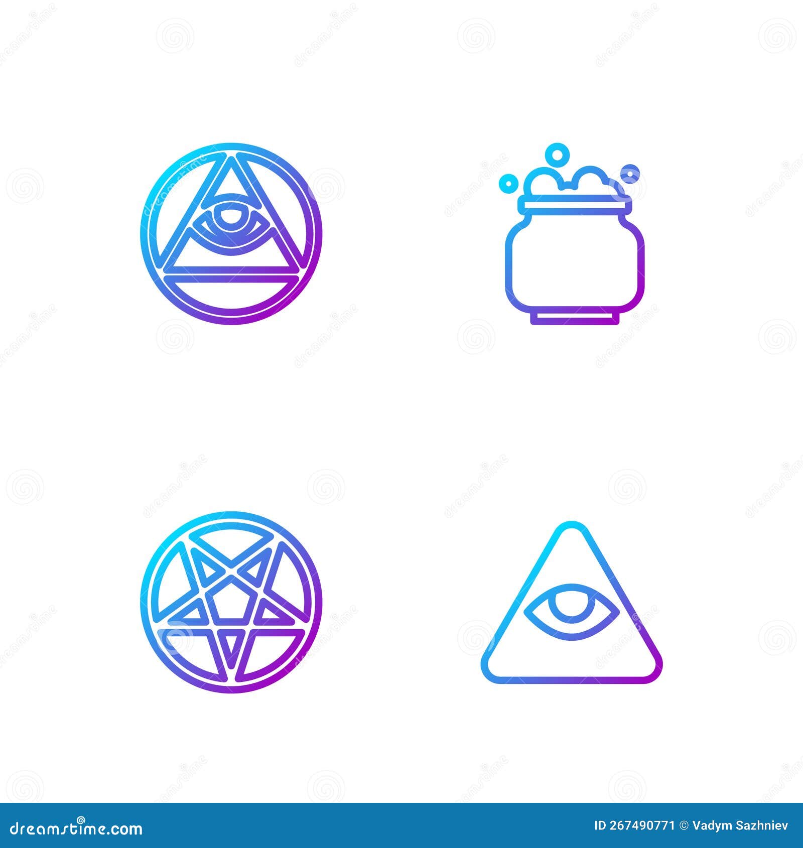 Set Line Masons, Pentagram in Circle, and Witch Cauldron. Gradient ...