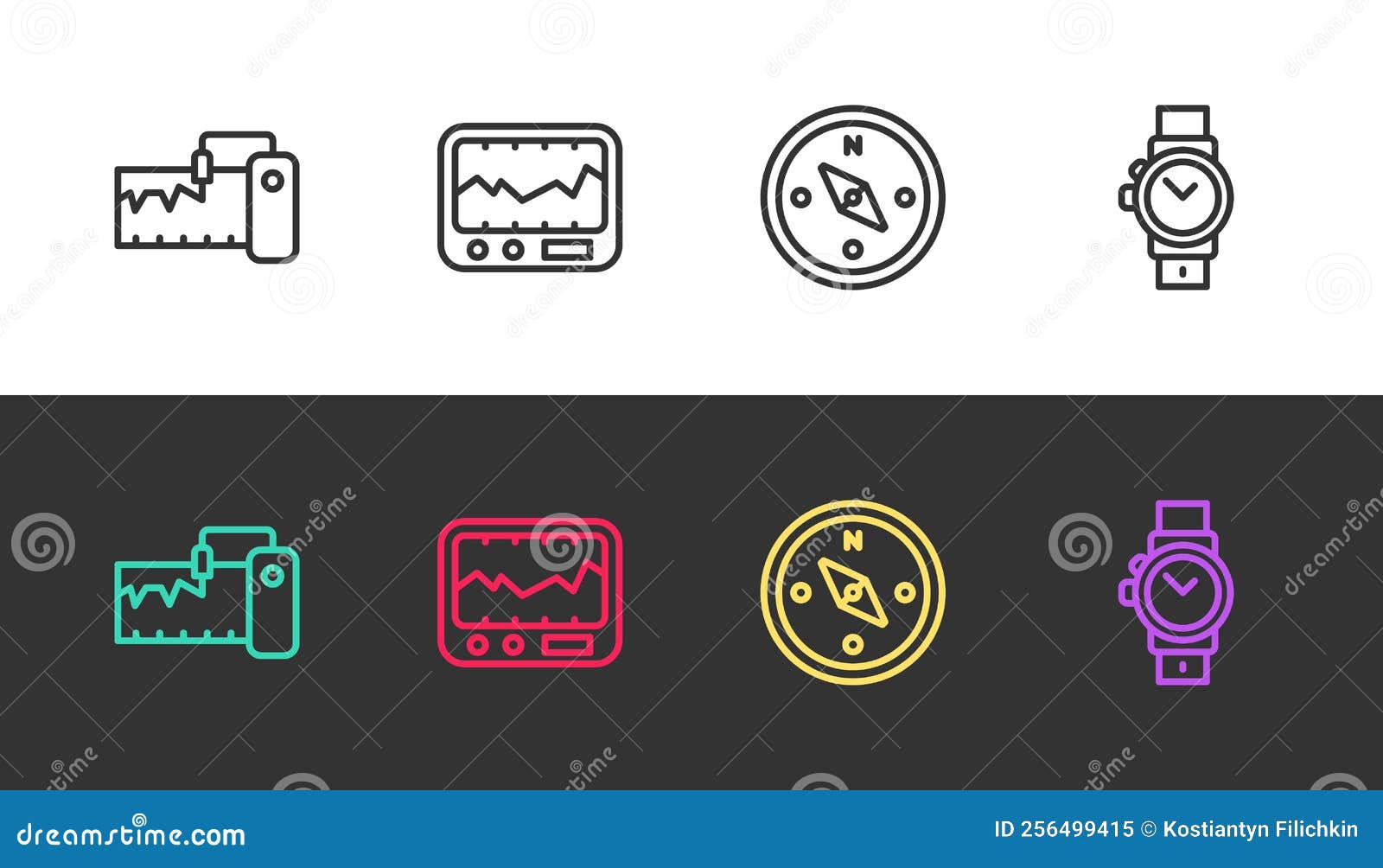 Set Line Measuring Instrument, , Compass and Wrist Watch on Black and ...