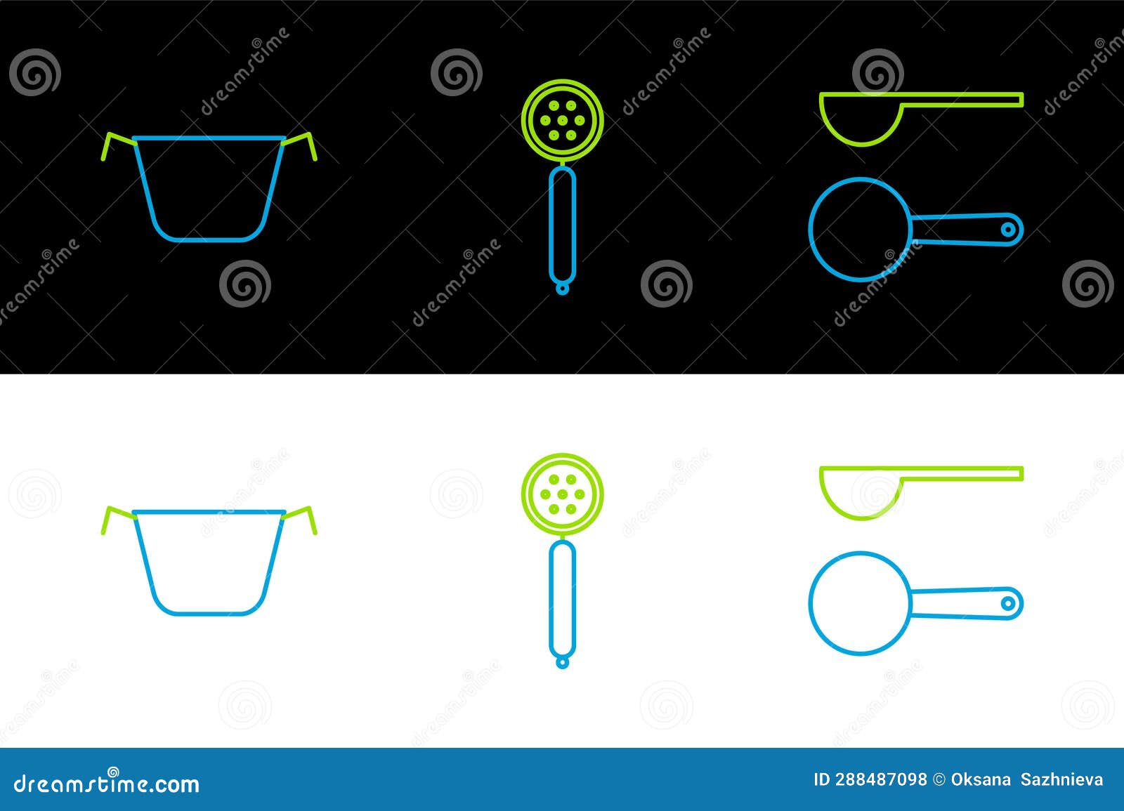 Set Line Measuring Spoon, Cooking Pot and Strainer Icon. Vector Stock ...