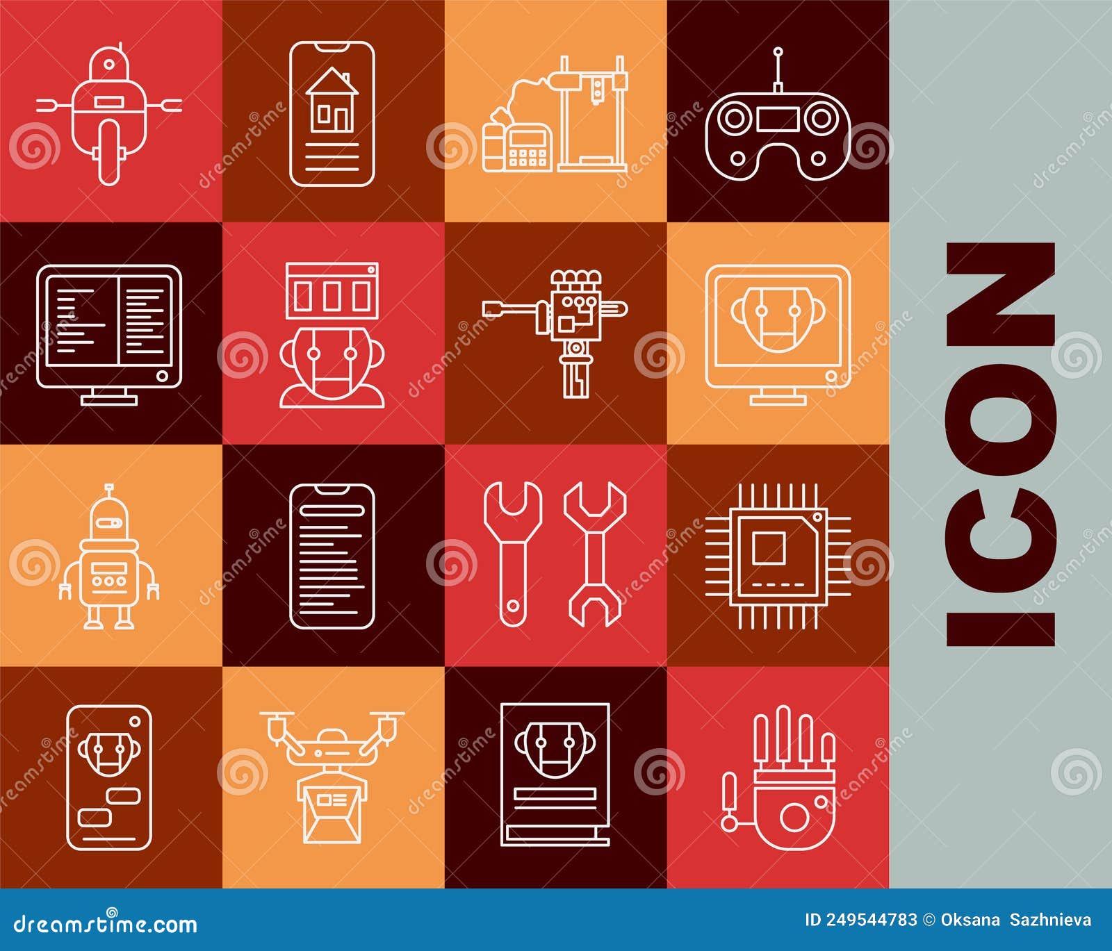 Set Line Mechanical Robot Hand, Processor with Microcircuits CPU, Bot, 3D Printer, Robot ...