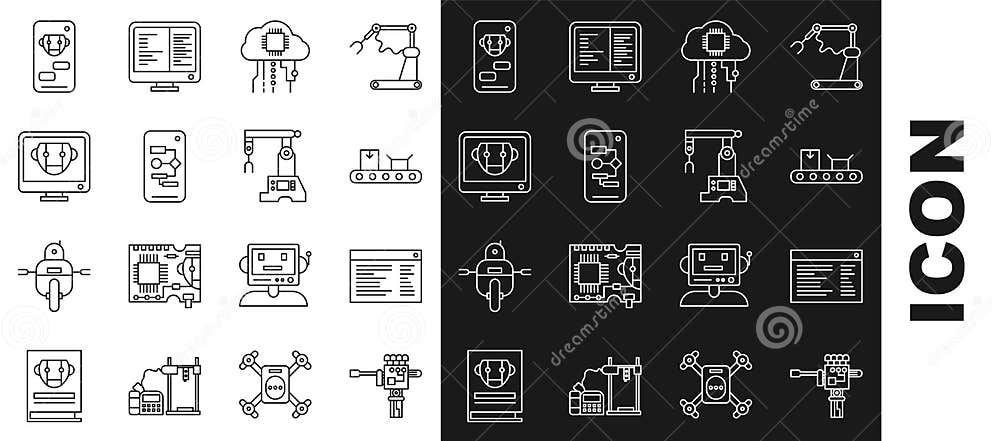 Set Line Mechanical Robot Hand and Screwdriver, Software, Web Developer Programming Code ...