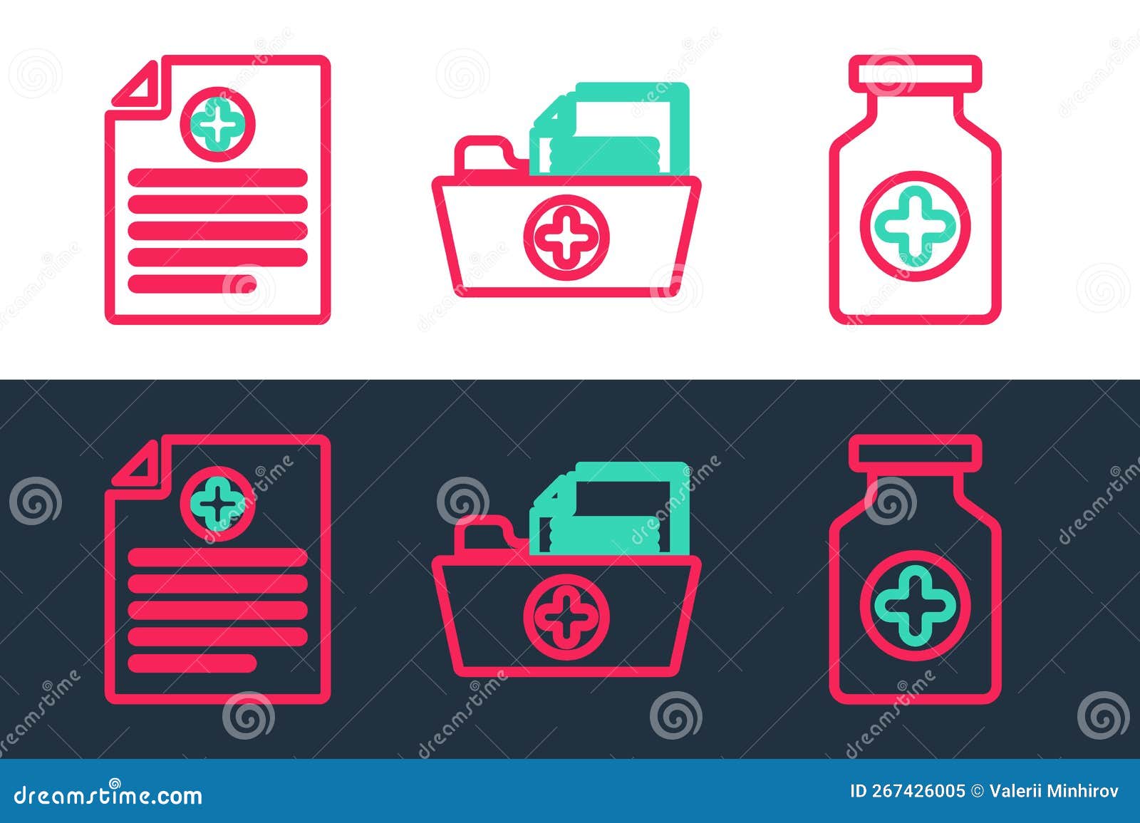 Set Line Medicine Bottle, Clinical Record and Health Folder Icon ...