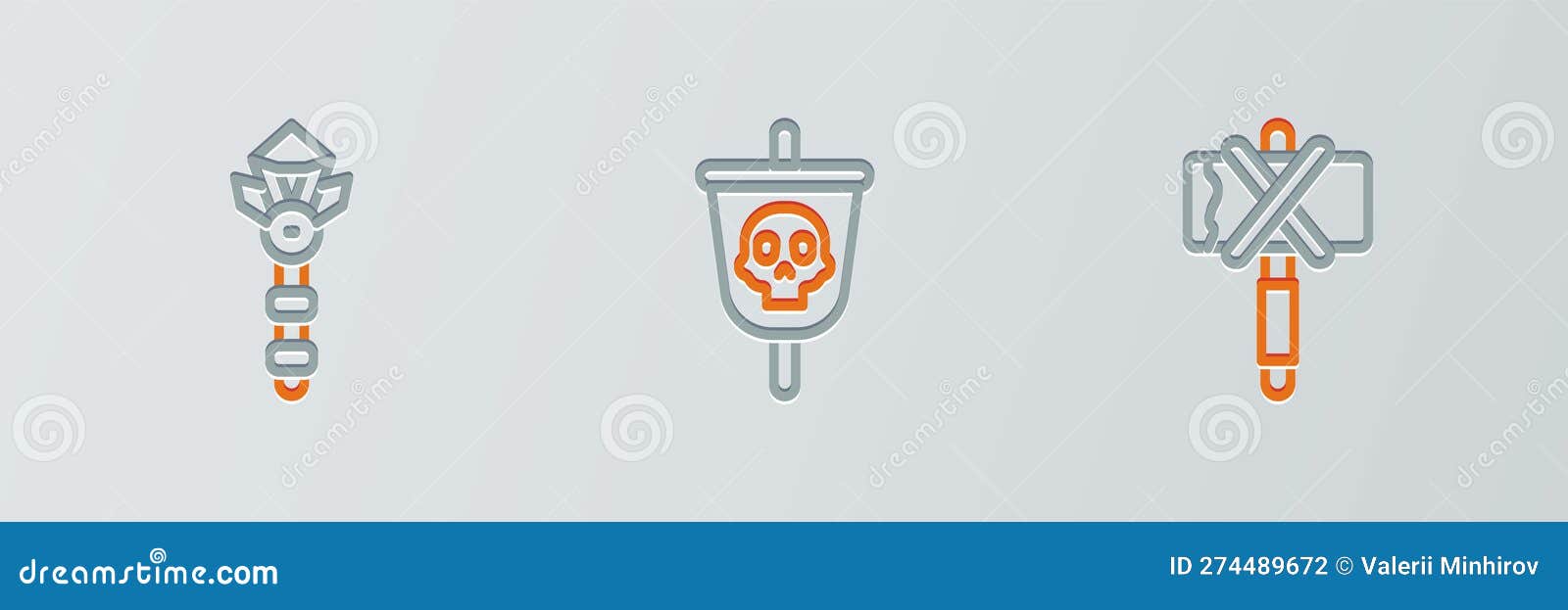 Set Line Medieval Axe, Magic Wand and Pirate Flag Icon. Vector Stock ...