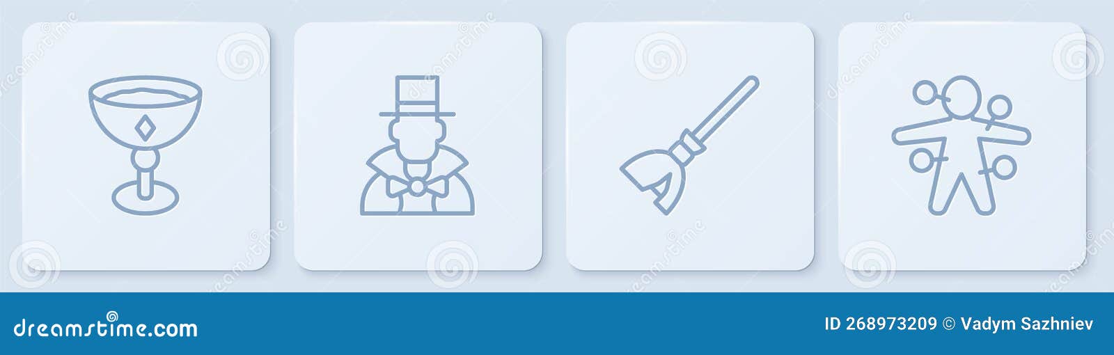 Set Line Medieval Goblet, Witches Broom, Magician and Voodoo Doll ...