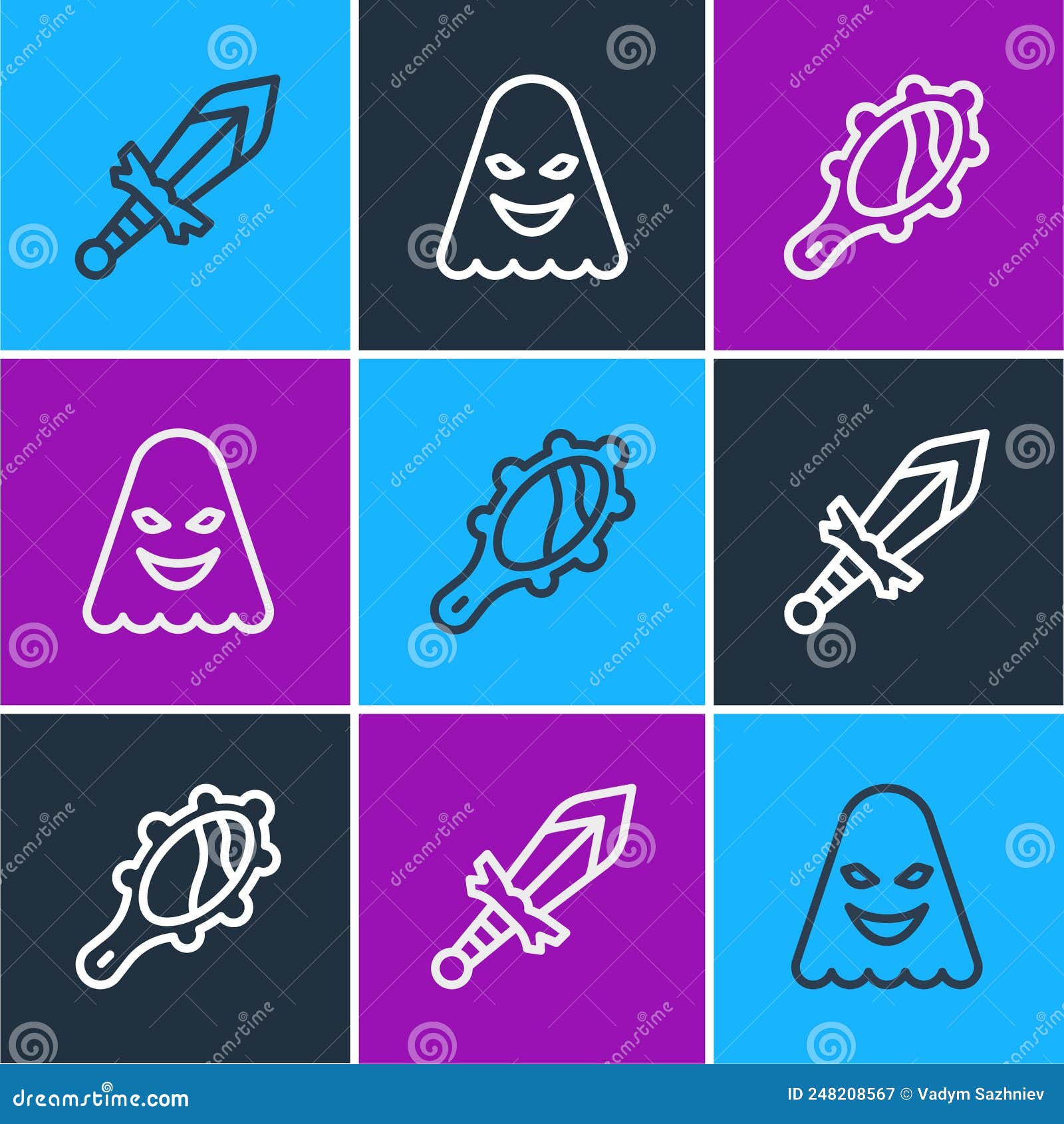 Set Line Medieval Sword, Magic Hand Mirror and Ghost Icon. Vector Stock ...
