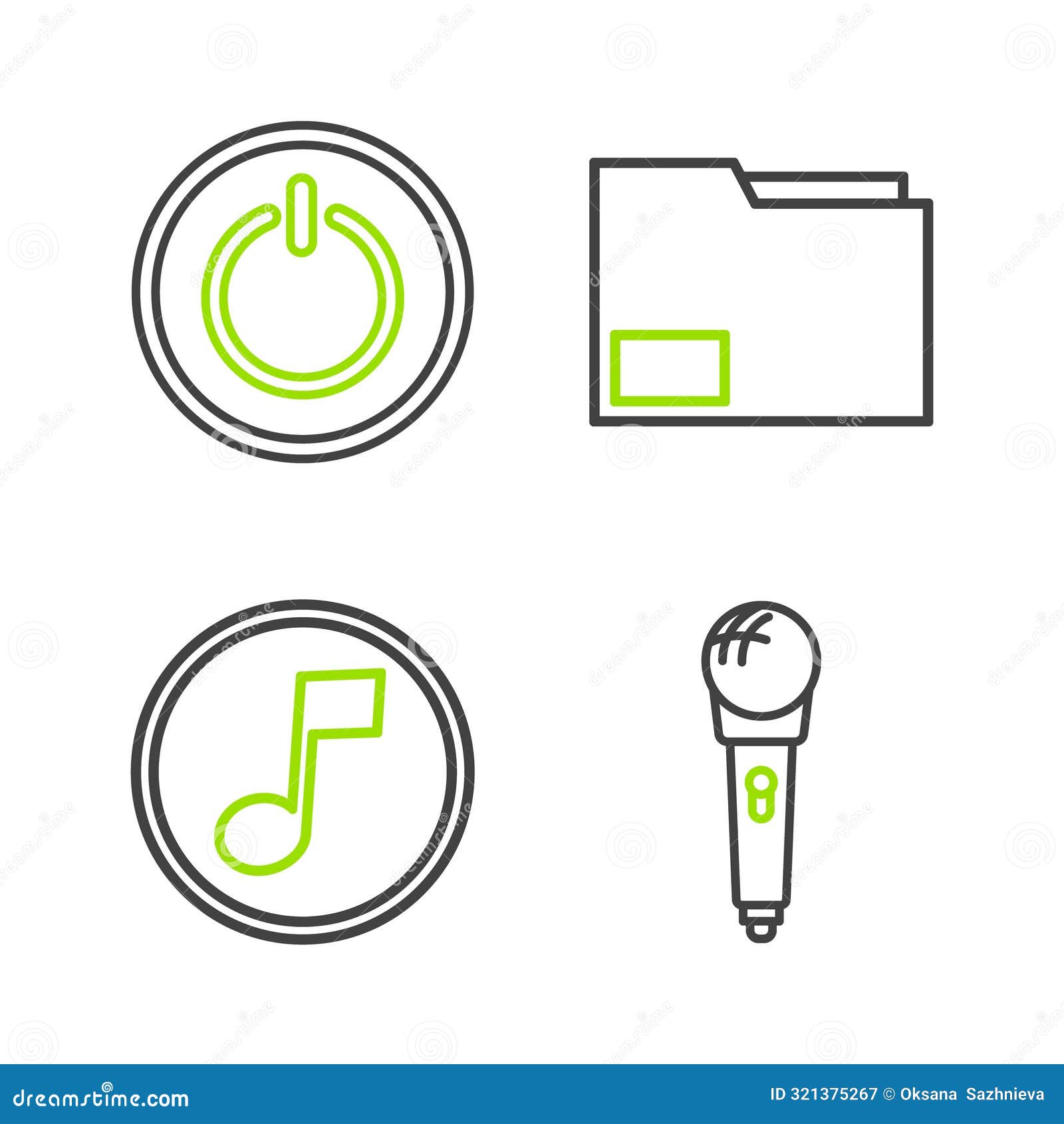 Set Line Microphone, Music Note, Tone, Document Folder and Power Button ...