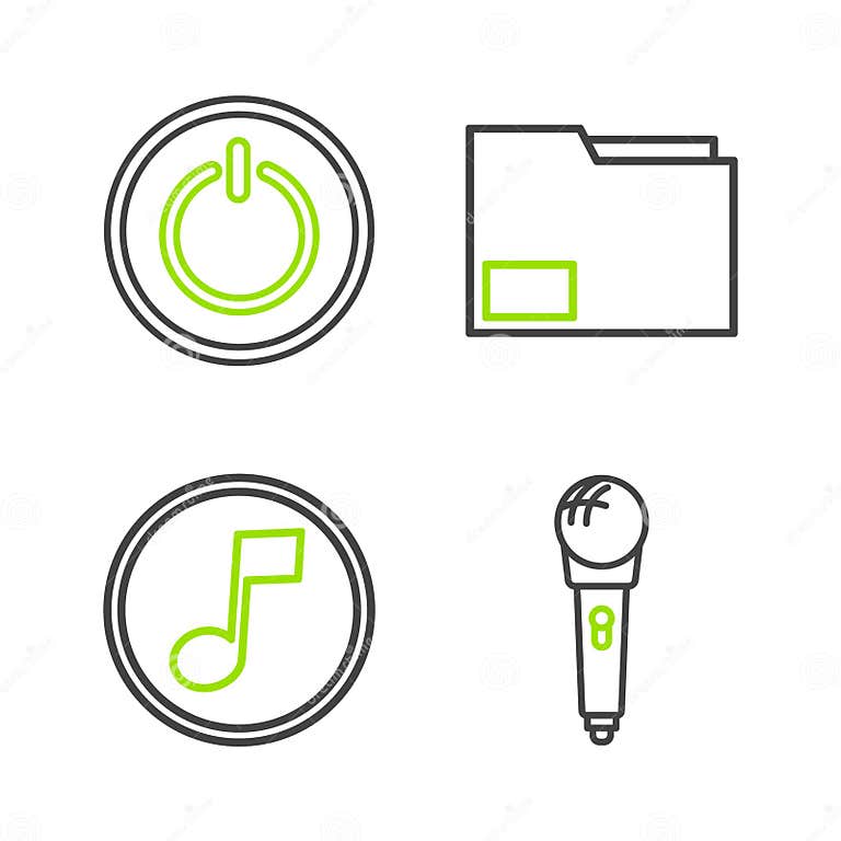 Set Line Microphone, Music Note, Tone, Document Folder and Power Button ...