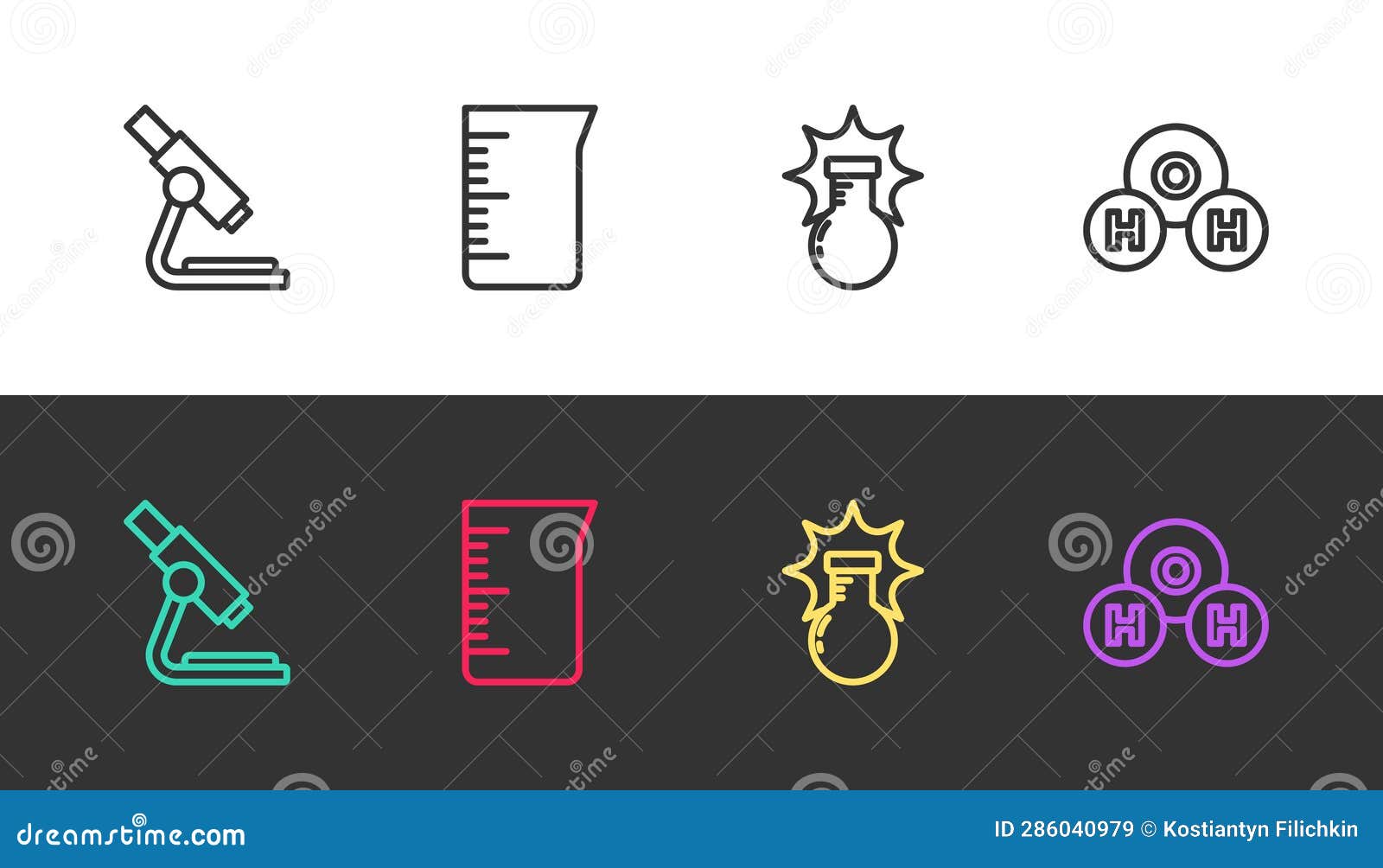 Set Line Microscope, Laboratory Glassware or Beaker, Chemical Explosion ...