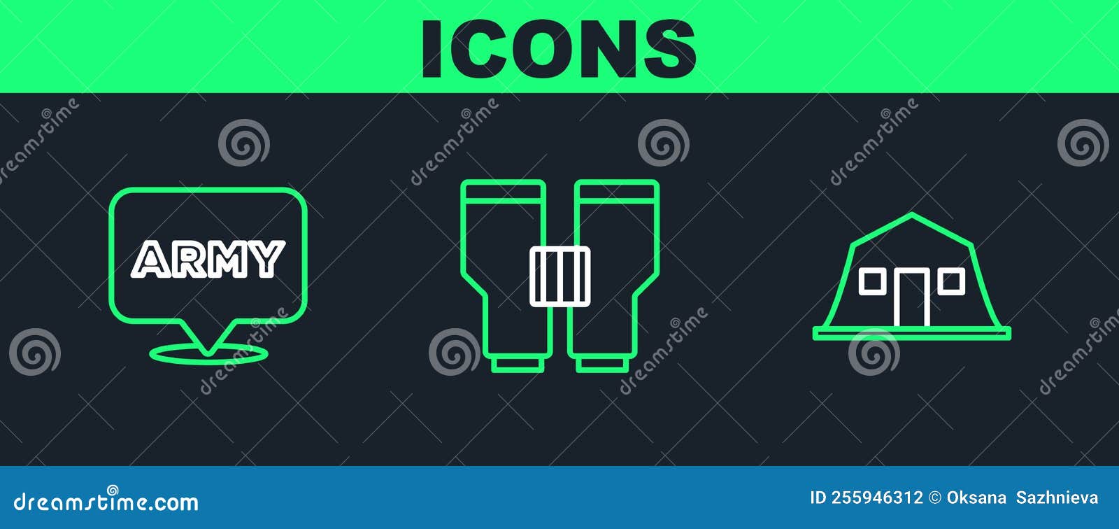 Set Line Military Barracks, Army and Binoculars Icon. Vector Stock ...
