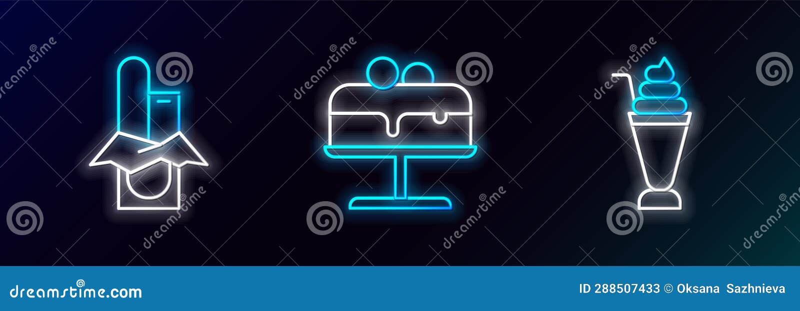 Set Line Milkshake, Chocolate Bar and Cake on Plate Icon. Glowing Neon ...