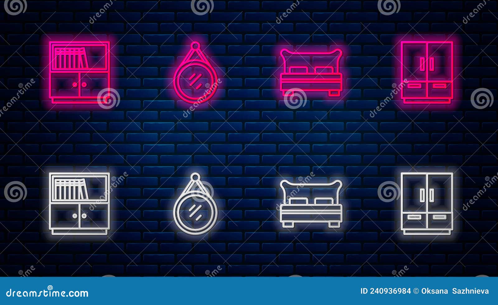 Set Line Mirror, Big Bed, Library Bookshelf and Wardrobe. Glowing Neon ...