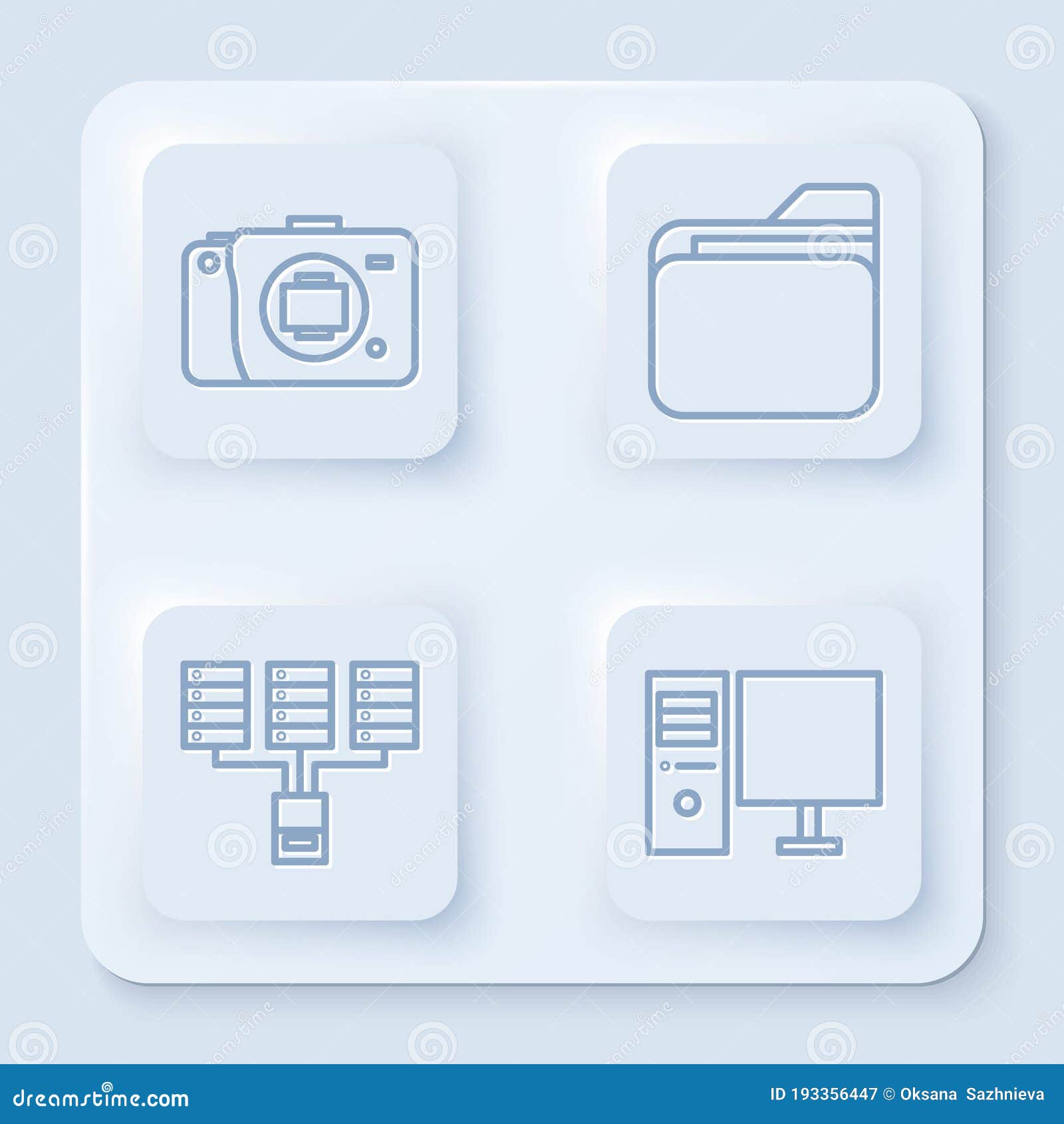 Set Line Mirrorless Camera, Document Folder, Server, Data, Web Hosting and Computer Monitor ...