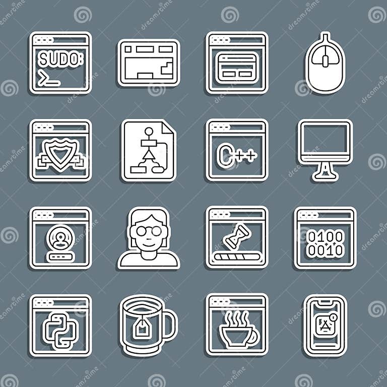 Set Line Mobile Apps Binary Code Computer Monitor Screen Search Engine Flowchart Browser 