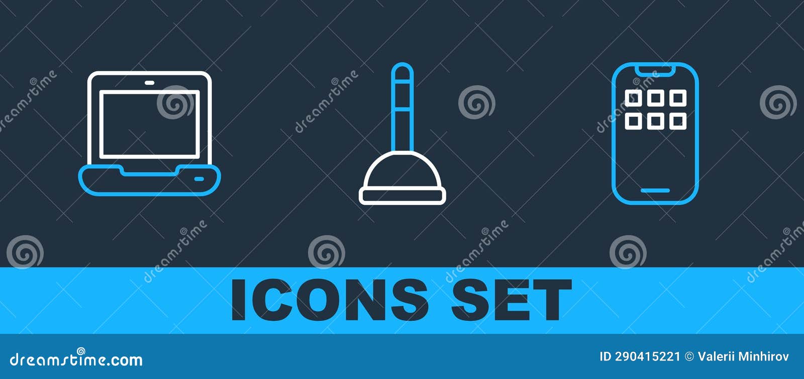 Set Line Mobile Apps, Laptop and Rubber Plunger Icon. Vector Stock ... Set Line Mobile Apps, Laptop and Rubber Plunger Icon. Vector Stock ...