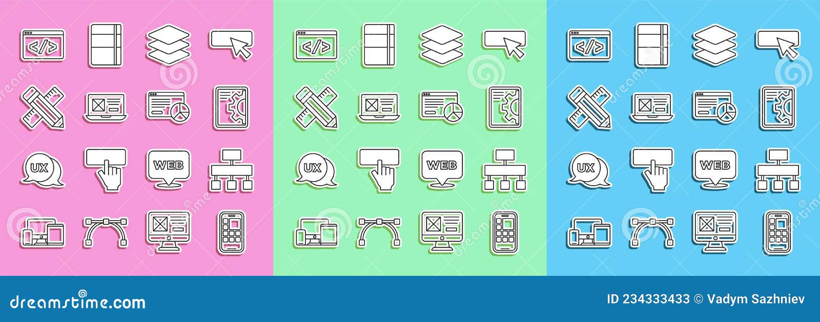 Set Line Mobile Apps, Site Map, Web Development, Layers, UI or UX Design, Crossed Ruler and ...