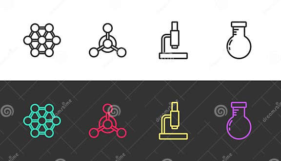 Set Line Molecule, , Microscope and Test Tube and Flask on Black and ...