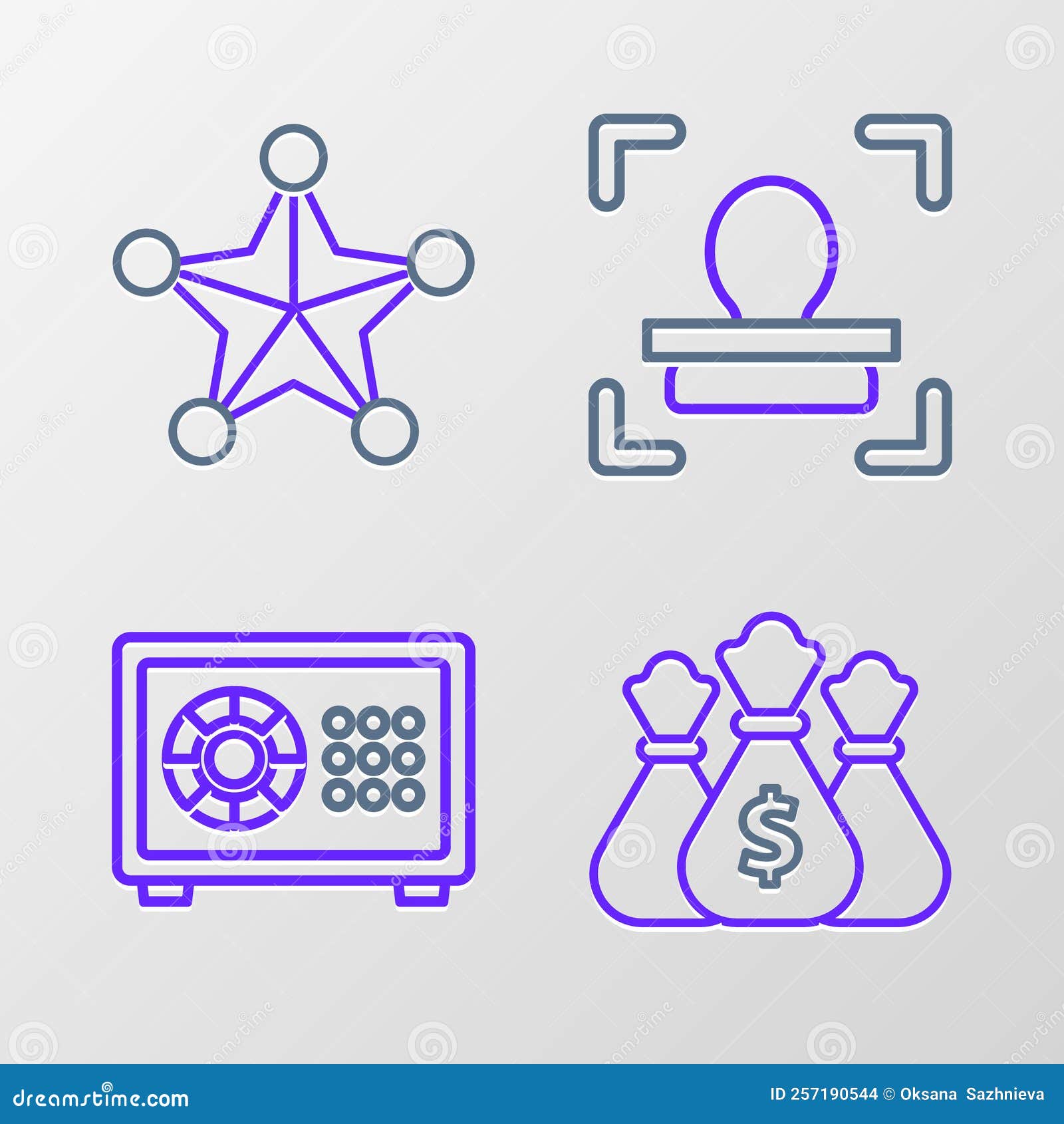 Set Line Money Bag, Safe, Face Recognition and Hexagram Sheriff Icon. Vector Stock Vector ...